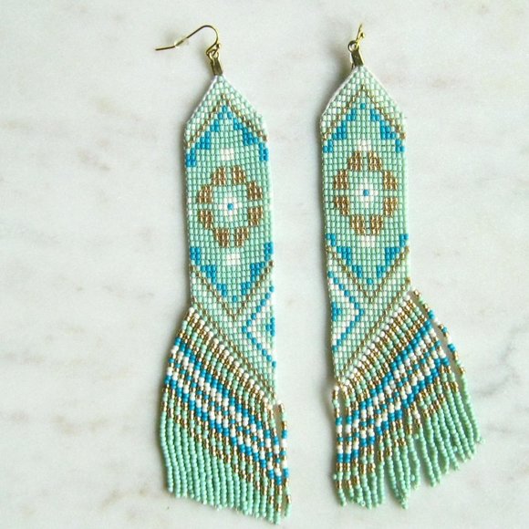 Jewelry | Mint Green Long Boho Seed Beaded Earrings | Poshmark